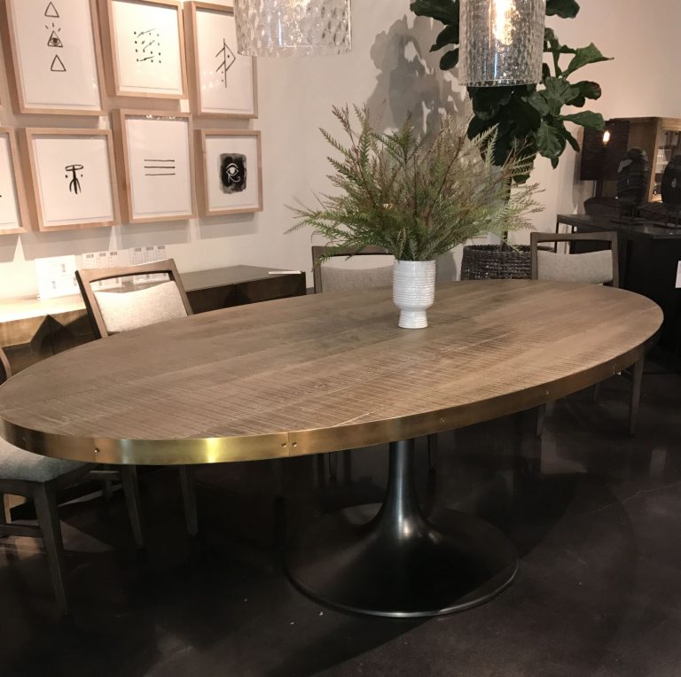 Oval Iron Oak and Brass Tulip Base Dining Table - Mecox Gardens